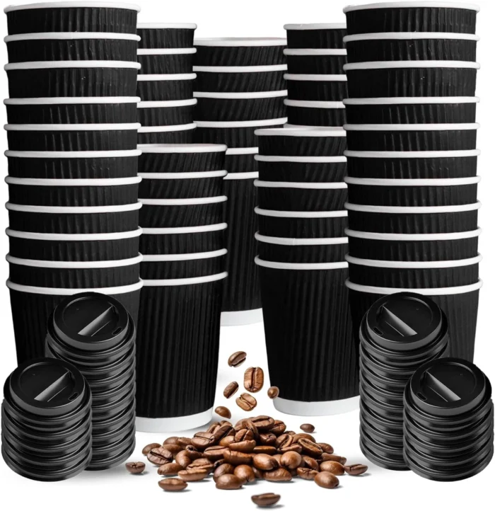 Pack of 50 Black Triple Wall Ripple Paper Coffee Cups with Lids – 8 ...